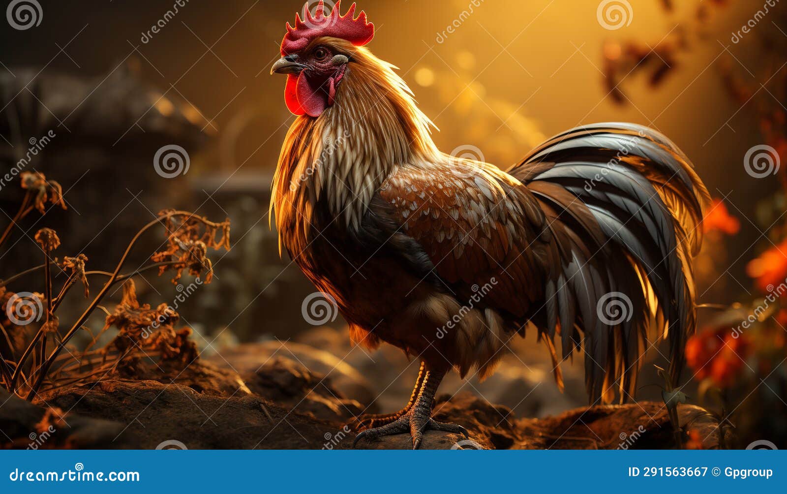 Majestic Rooster Standing in Meadow, Crowing at Sunrise Generated by AI ...
