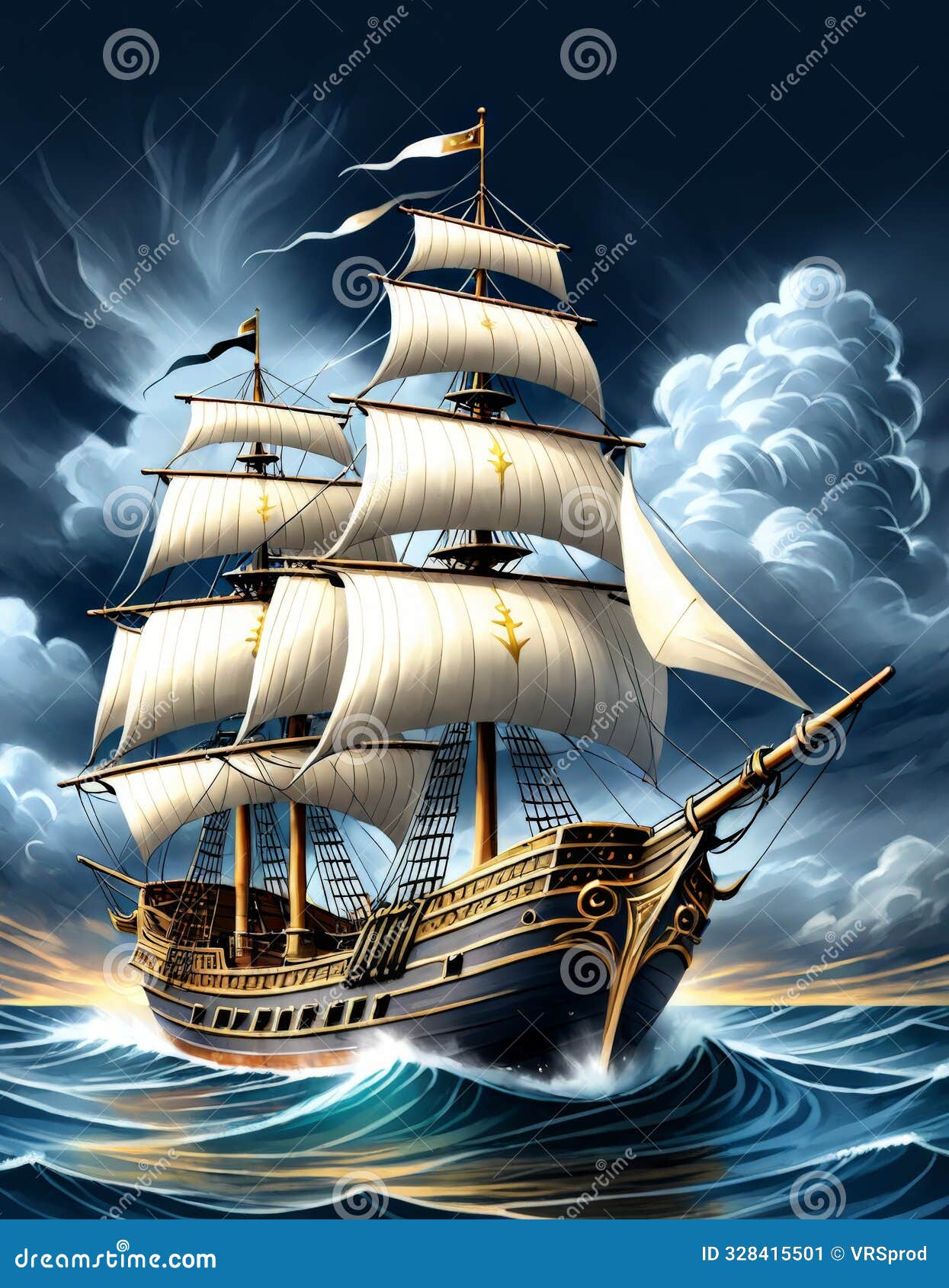 Majestic Sailing Ship On Serene Seas At Dawn With Radiant Sun And ...