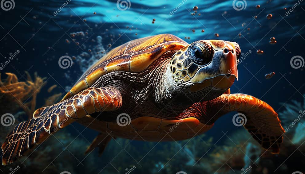 A Majestic Sea Turtle Swimming In The Tropical Underwater Paradise