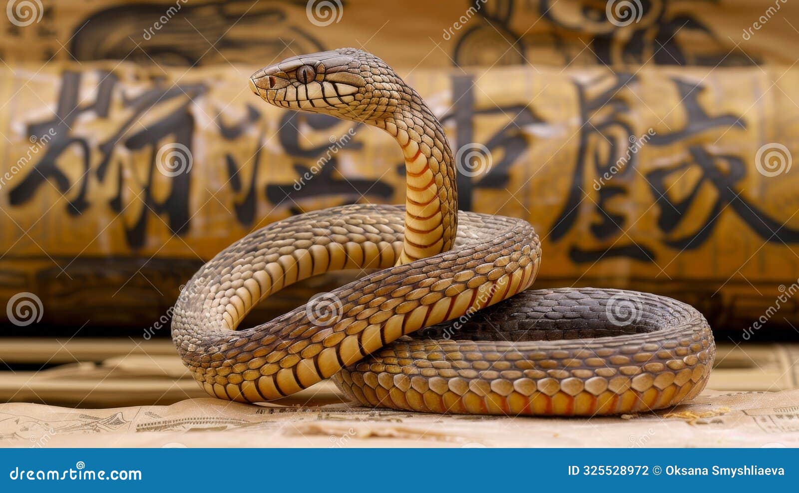 Majestic Serpent Coiled on Ancient Scrolls with Calligraphy Background ...