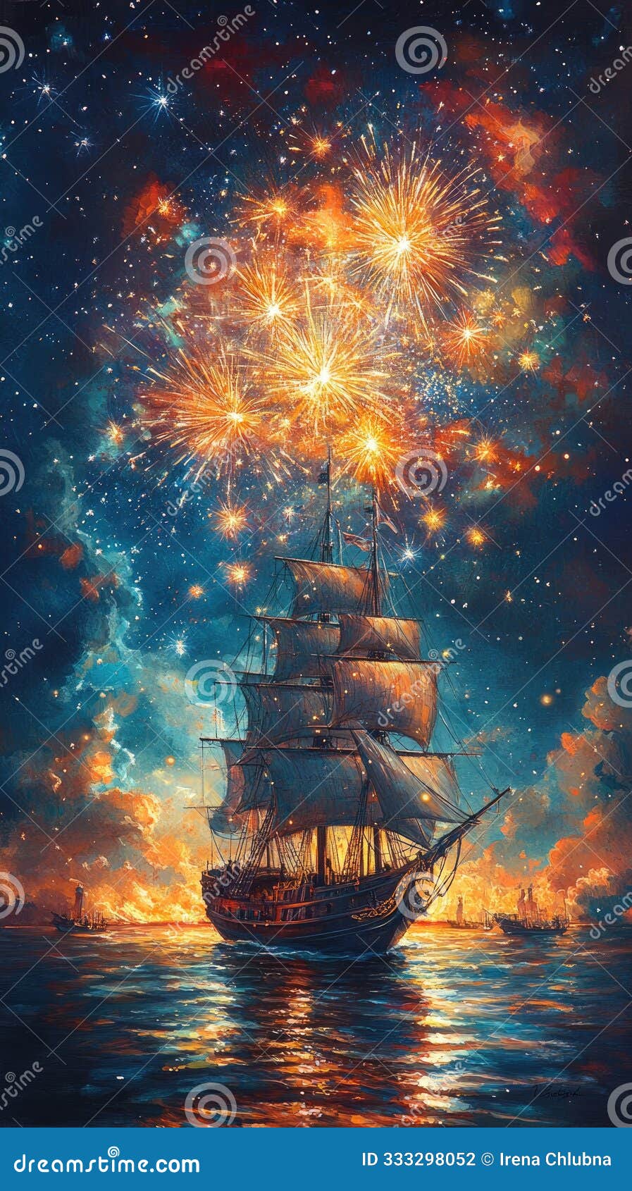 Majestic Ship Sailing Under Fireworks at Night on the Ocean Stock ...