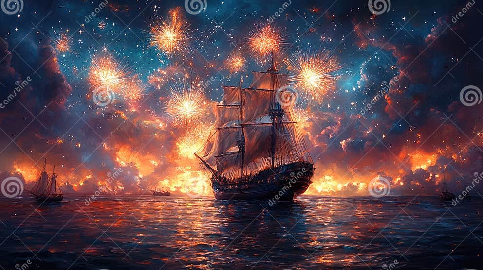 Majestic Ship Sailing Under Fireworks at Night on the Ocean Stock ...