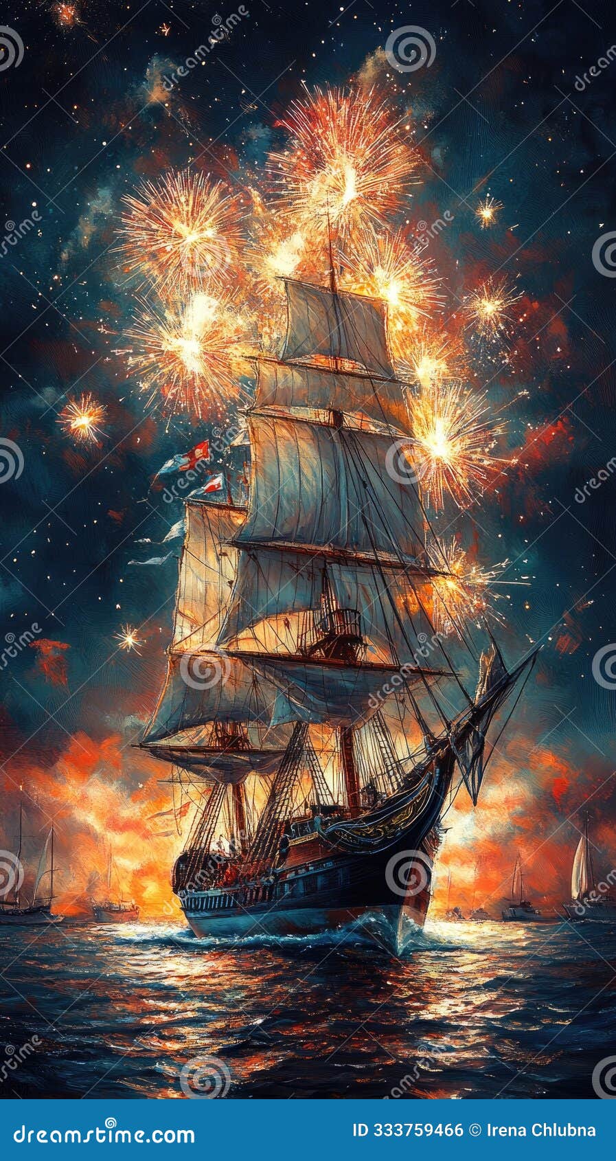 Majestic Ship Sailing Under Fireworks at Night on the Ocean Stock ...