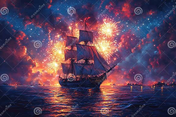 Majestic Ship Sailing Under Fireworks at Night on the Ocean Stock ...