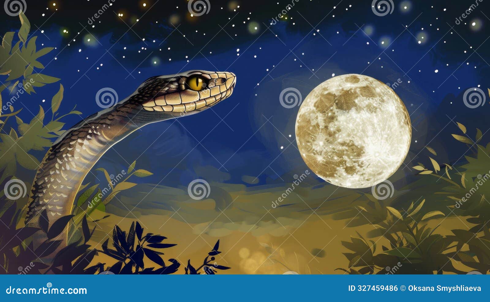 Majestic Snake Under Glowing Full Moon in Starry Night Sky Stock Photo ...