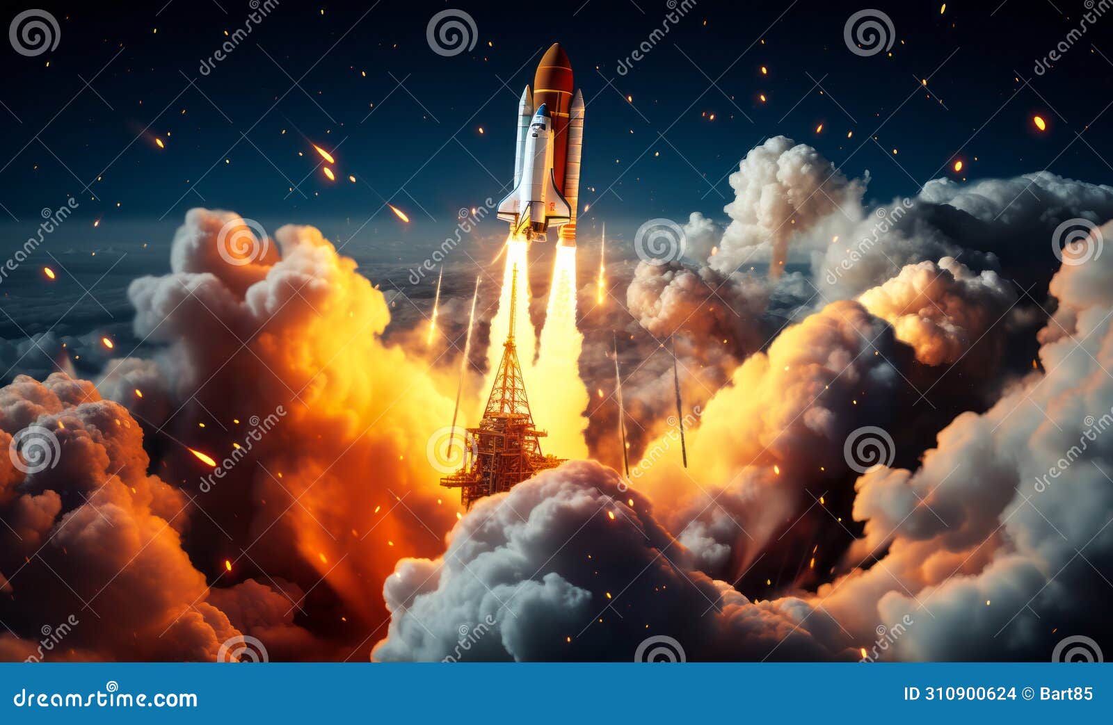 Majestic Space Shuttle Launch into Starry Sky with Powerful Flames and ...