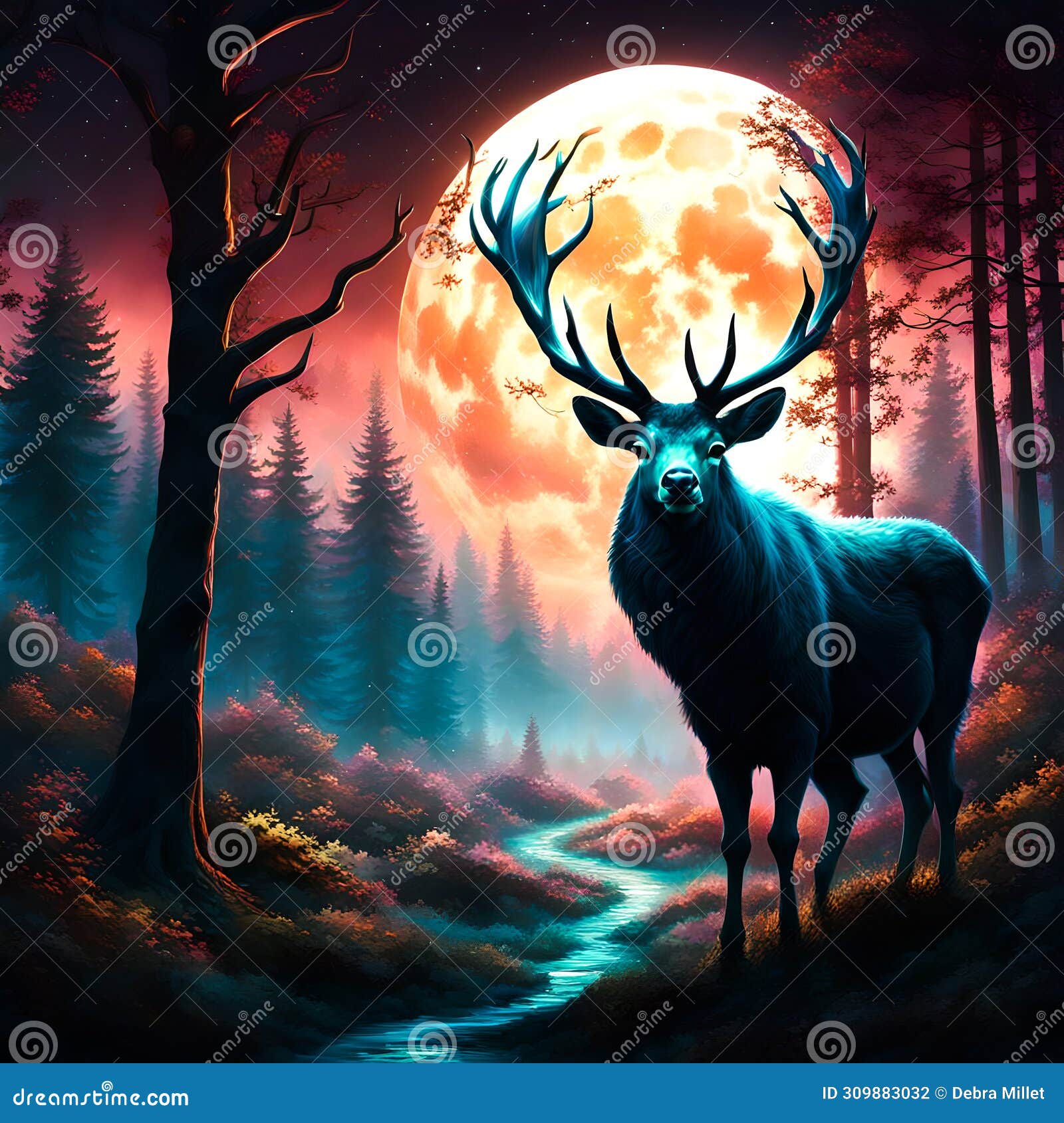 Majestic stag in a forest stock illustration. Illustration of moon ...