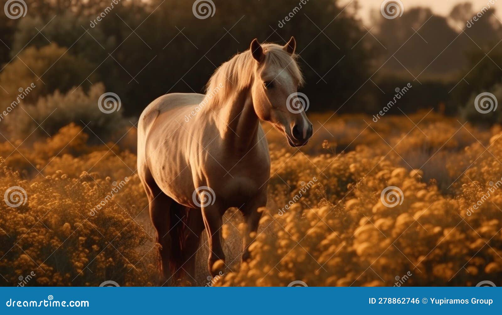 A Majestic Stallion Grazes in a Tranquil Meadow at Sunset Generated by AI Stock Illustration ...