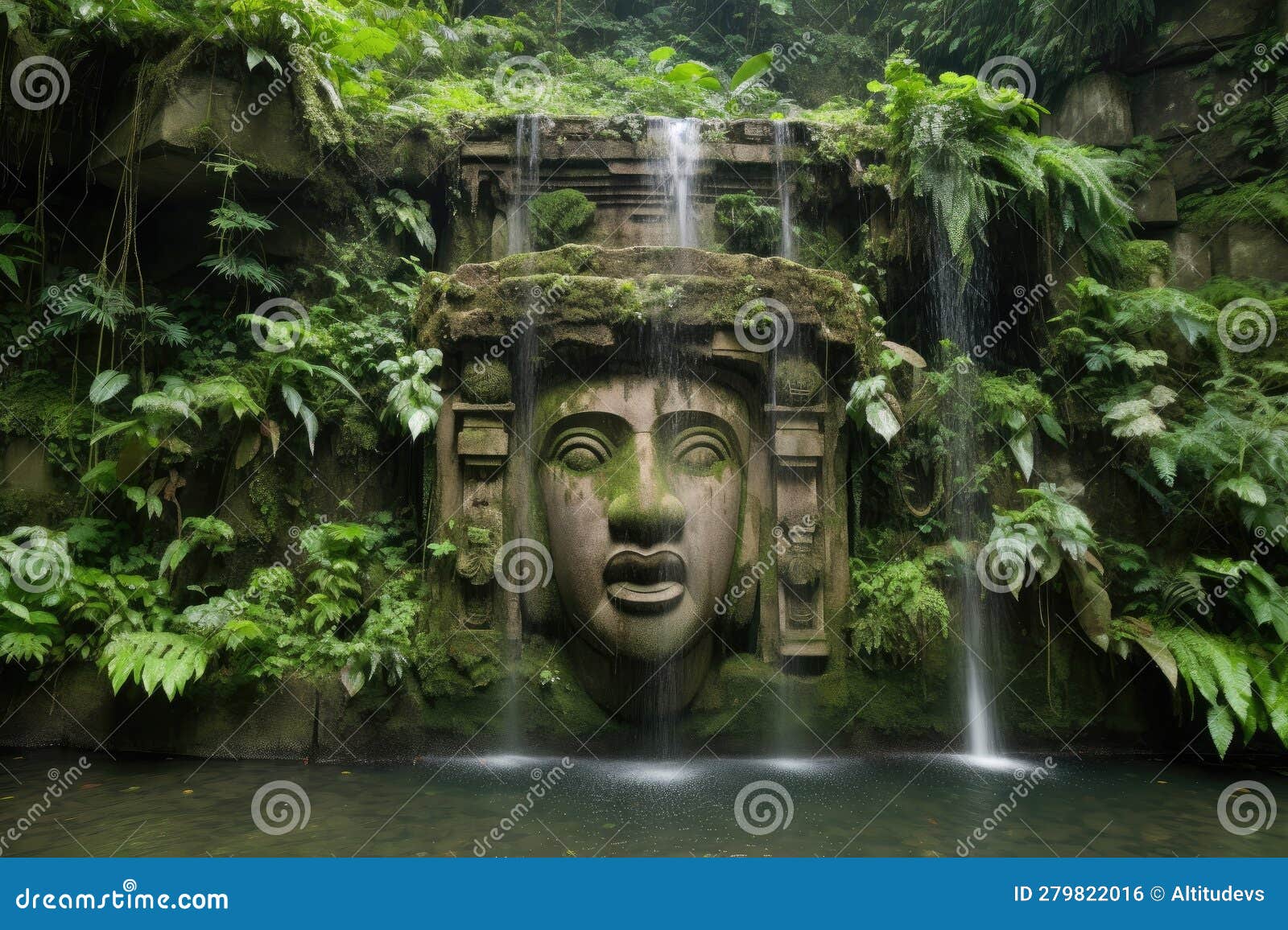 Majestic Stone Face, with Waterfalls and Greenery in the Background ...