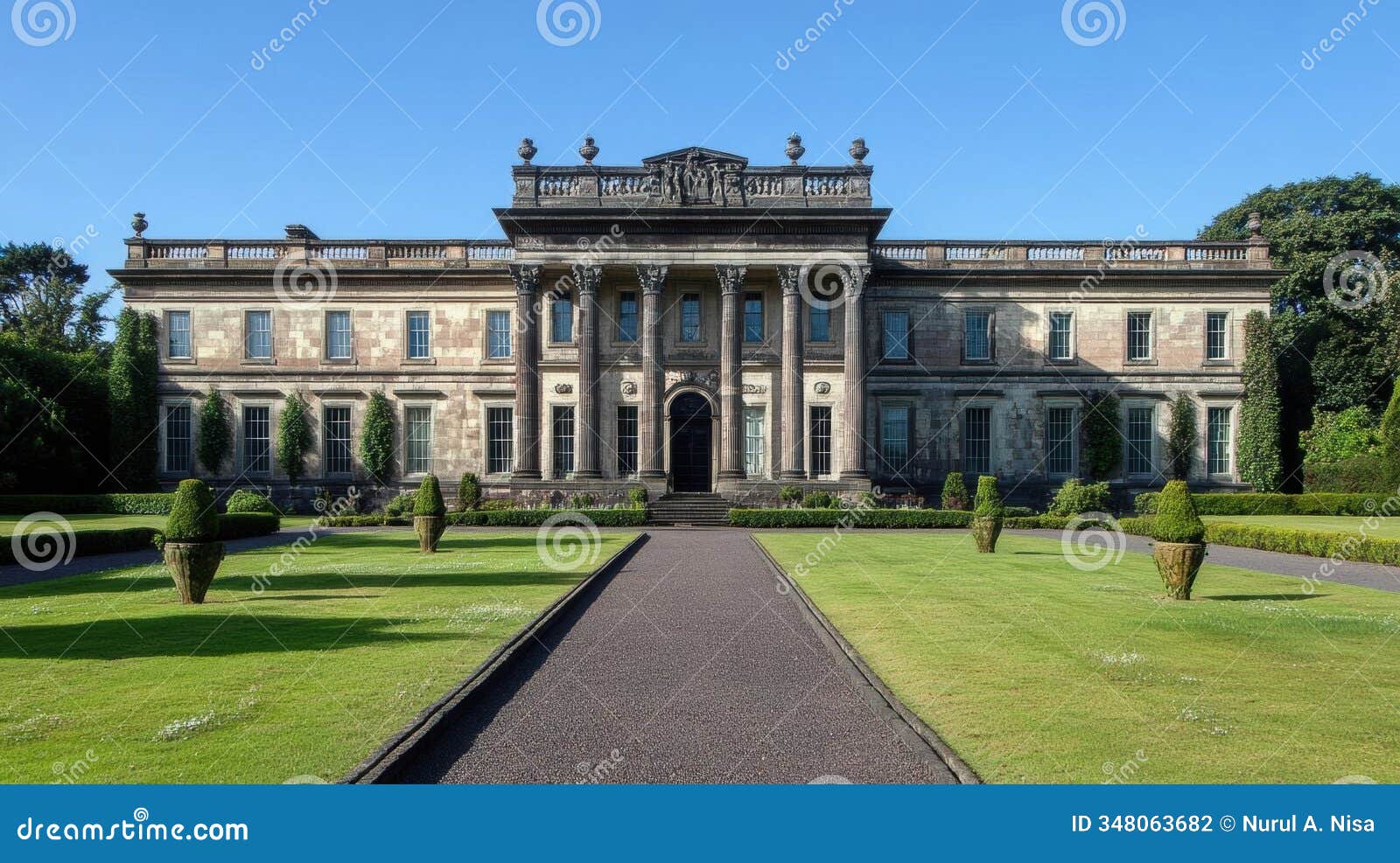 The Majestic Stone Manor with a Long Gravel Pathway Stock Illustration ...