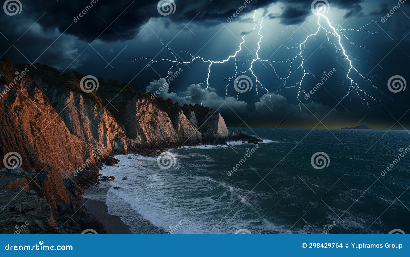 Majestic Sunset Over Dark Cliff, Crashing Wave, Wet Sand Generated by ...