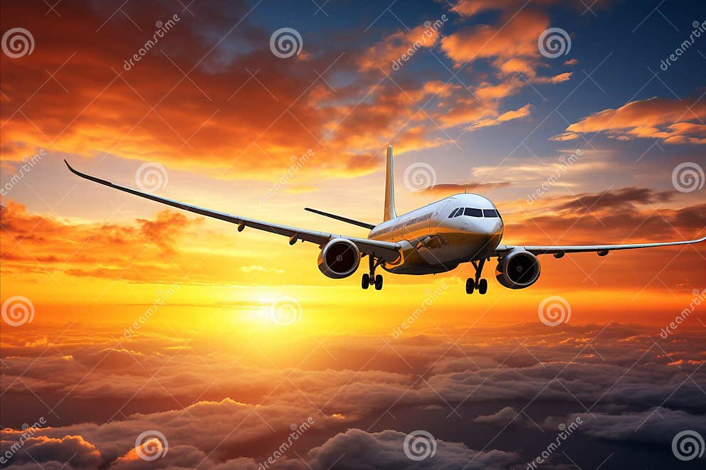 Majestic Sunset View with Plane Silhouette Soaring Across the ... Majestic Sunset View with Plane Silhouette Soaring Across the ...