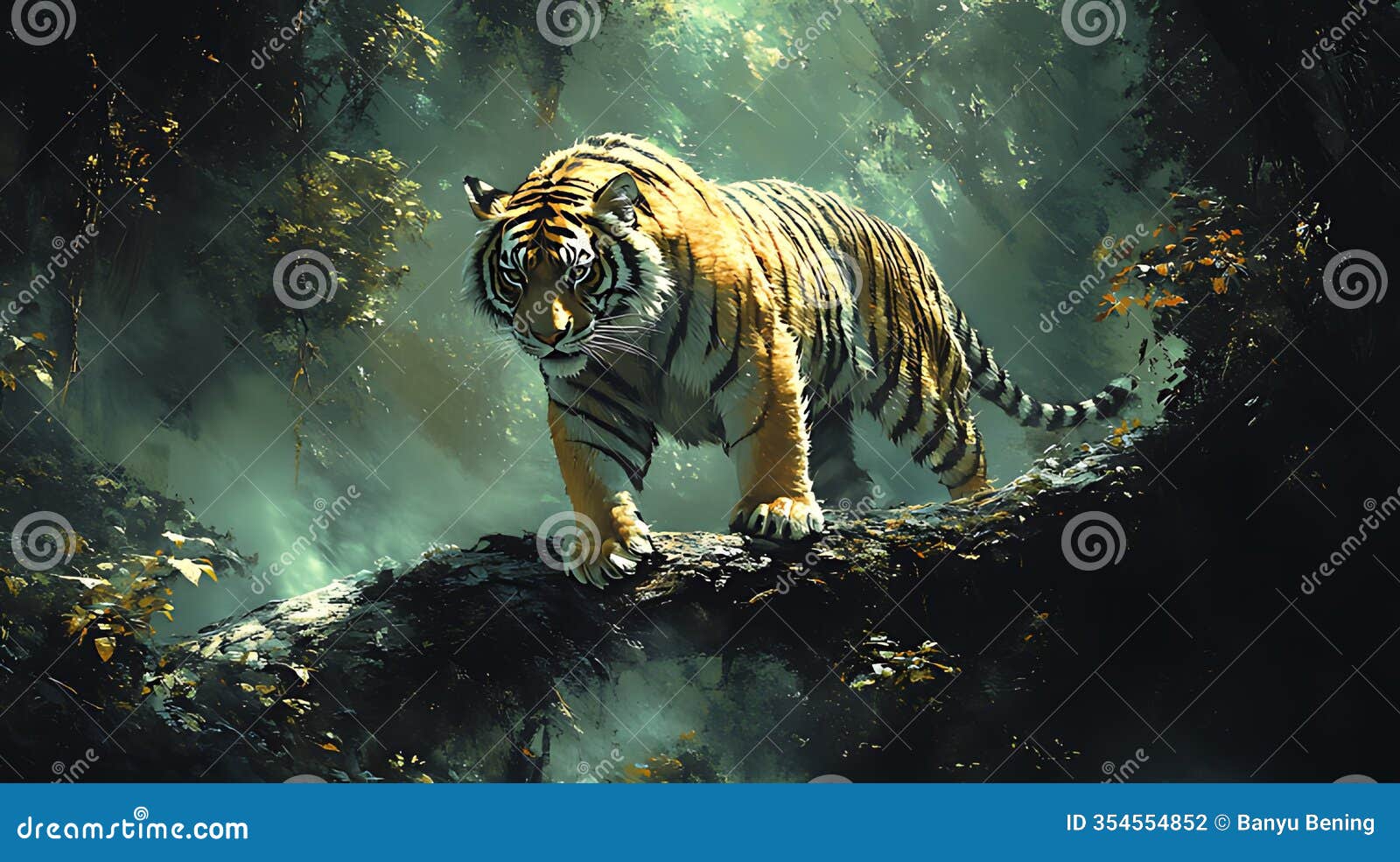 Majestic Tiger on a Log in a Misty Jungle Stock Illustration - Illustration of summer, tiger ...