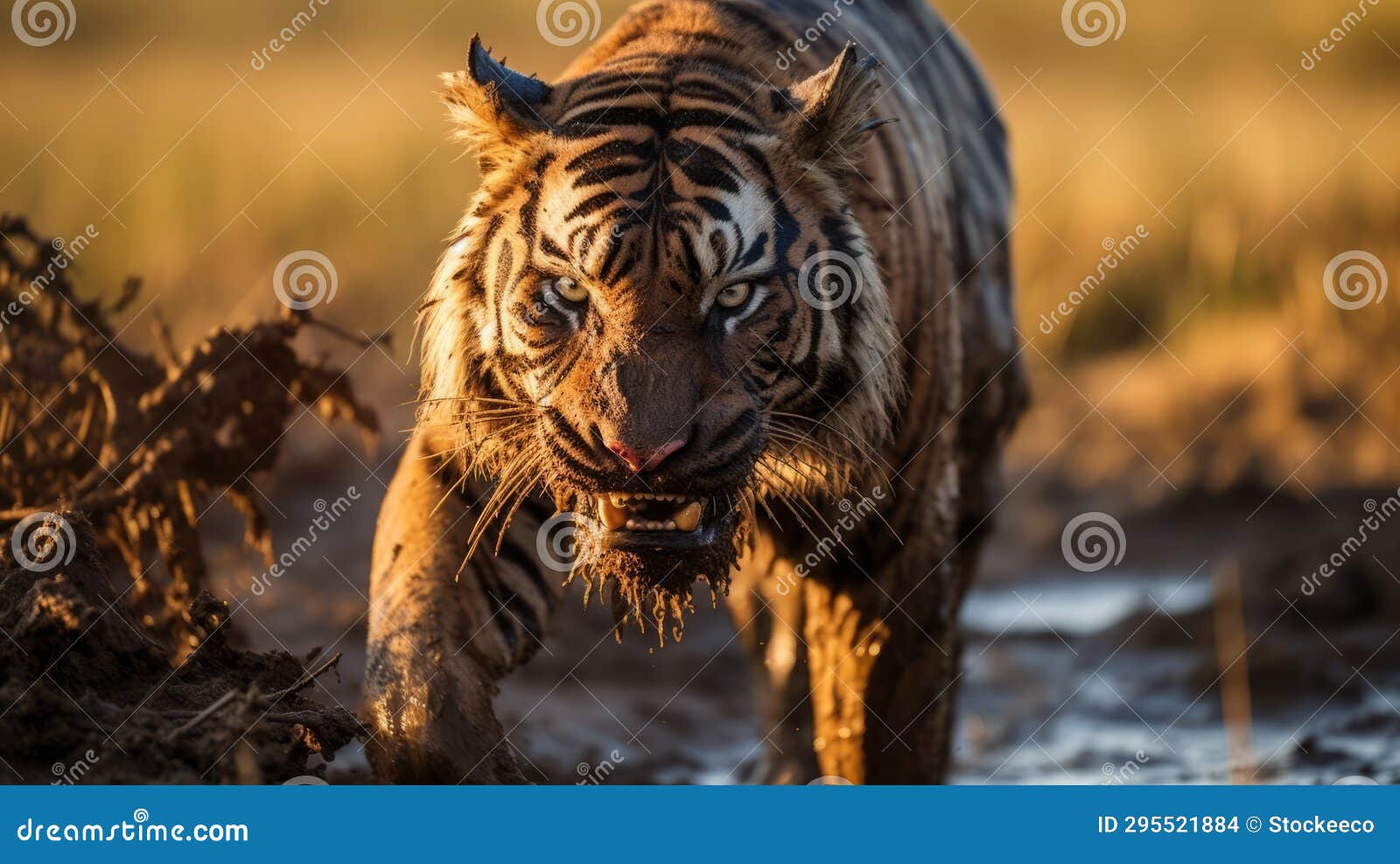 Majestic Tiger Walking Through Mud At Sunset Stock Photography ...