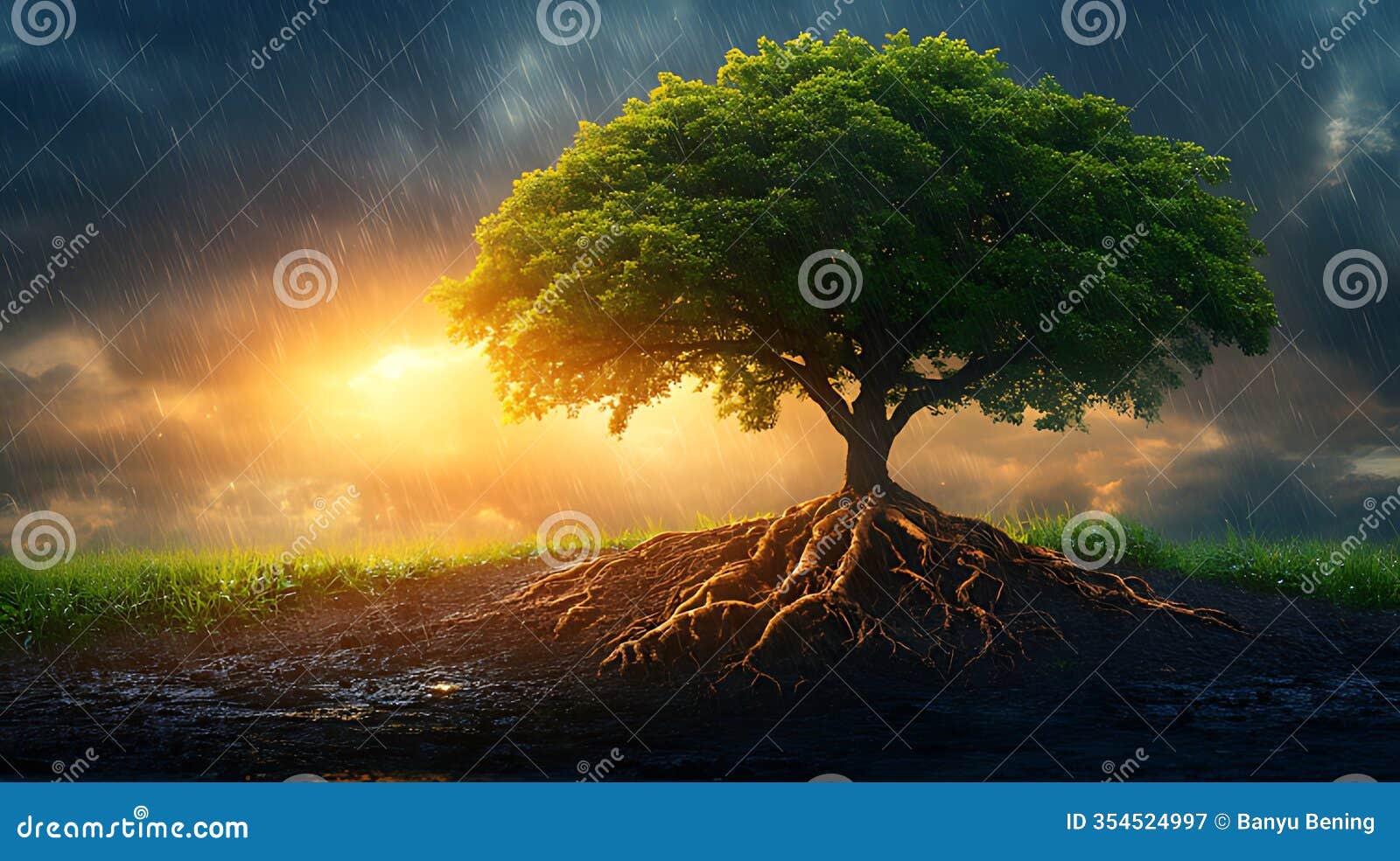 Majestic Tree with Exposed Roots during a Dramatic Sunset Rain Stock ...
