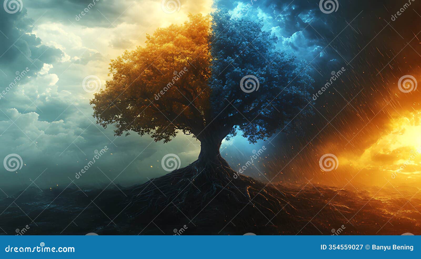 A Majestic Tree Split by Opposing Forces of Fire and Ice, Symbolizing ...