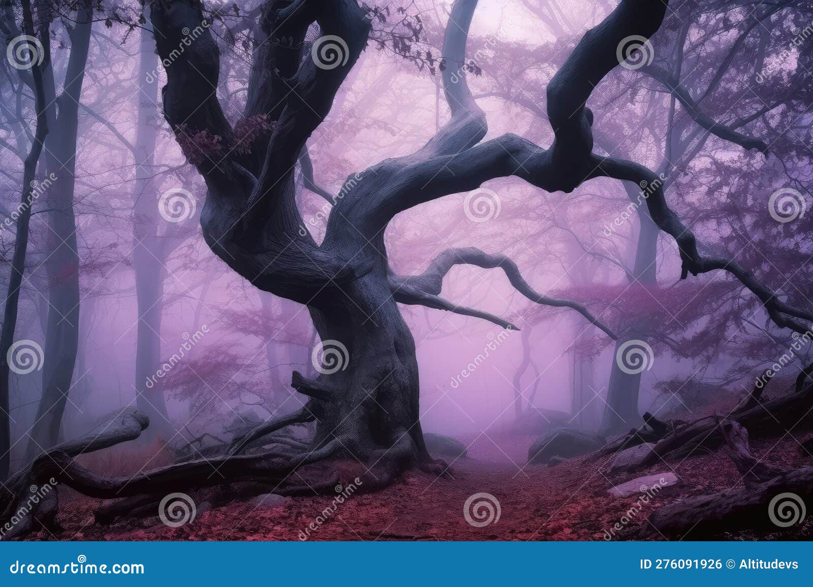 Majestic Tree Surrounded by Dark Purple Mist in Magical Forest Stock ...
