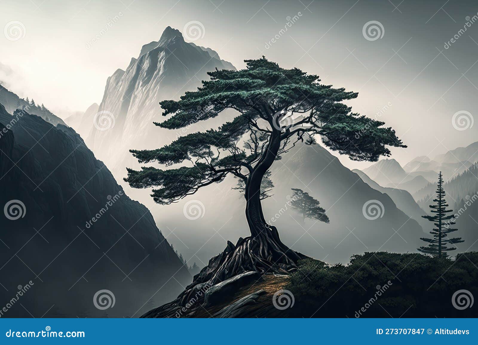 Majestic Tree Surrounded by Misty Forest, with View of Distant Peak ...