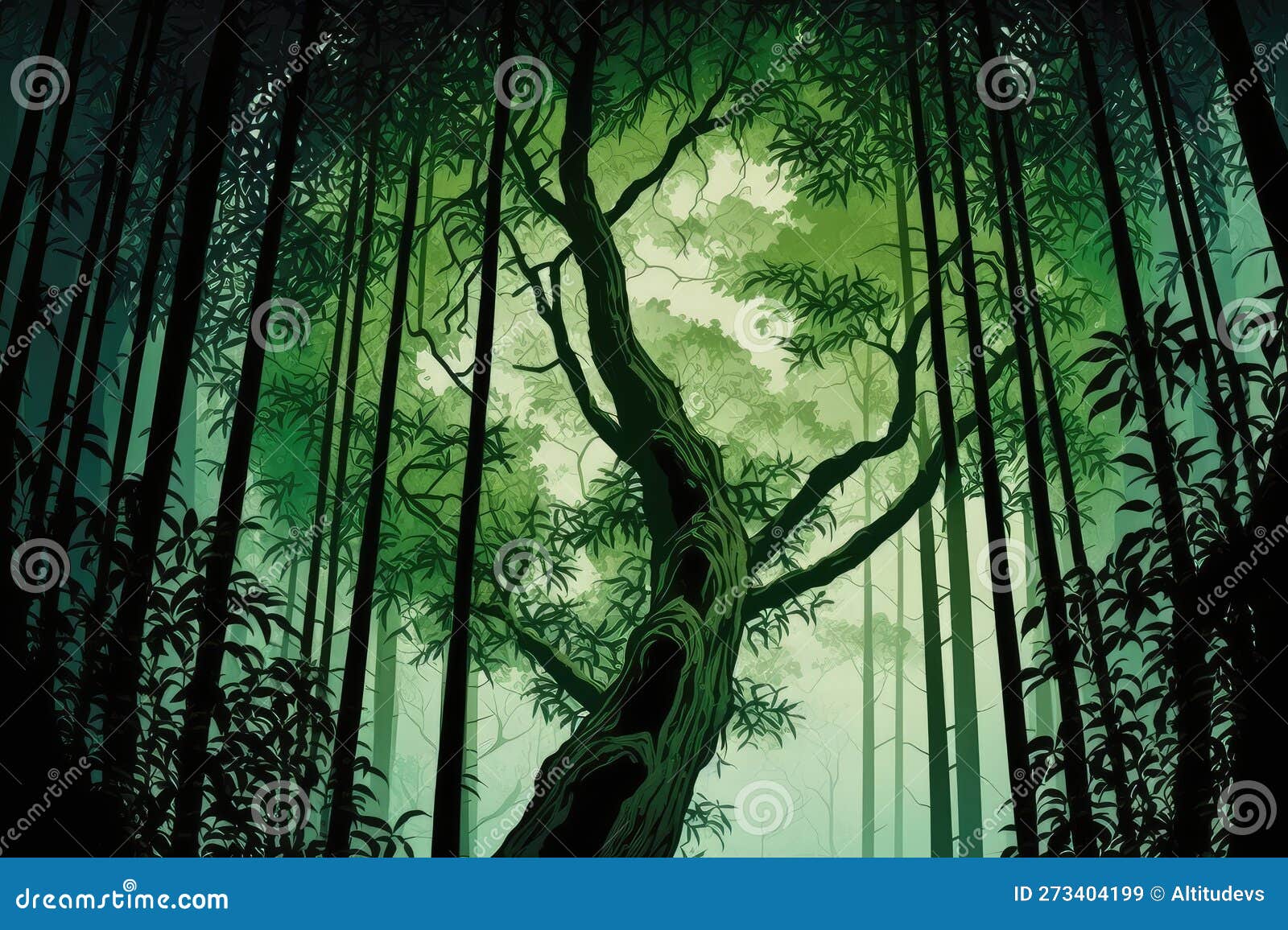 Majestic Tree with Thick Canopy and Trunks of Bamboo Forest Stock ...