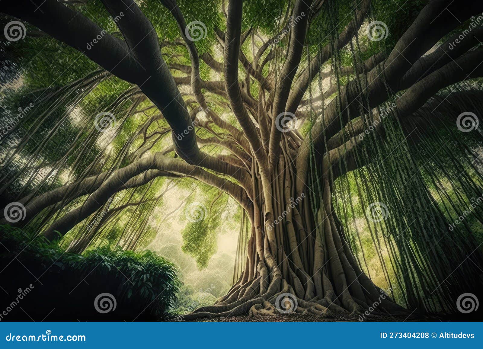 Majestic Tree with Thick Canopy and Trunks of Bamboo Forest Stock ...