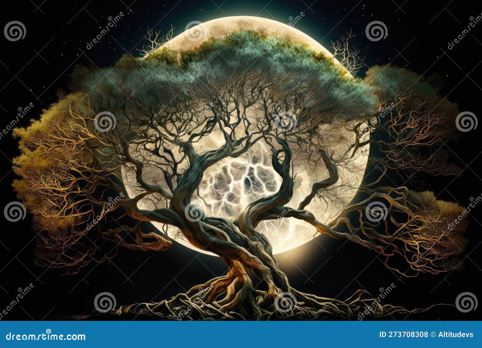Majestic Tree with Wispy Branches and a Full Moon Shining Down on it ...