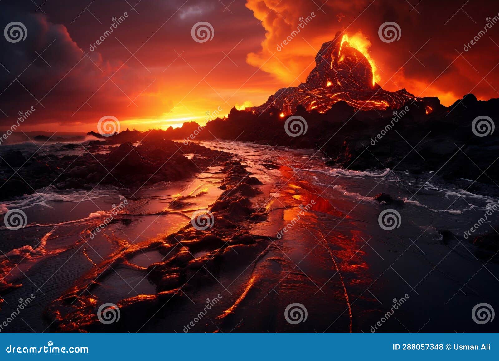 Majestic Volcano: a Captivating Sunset with Lava Flow. AI Stock ...