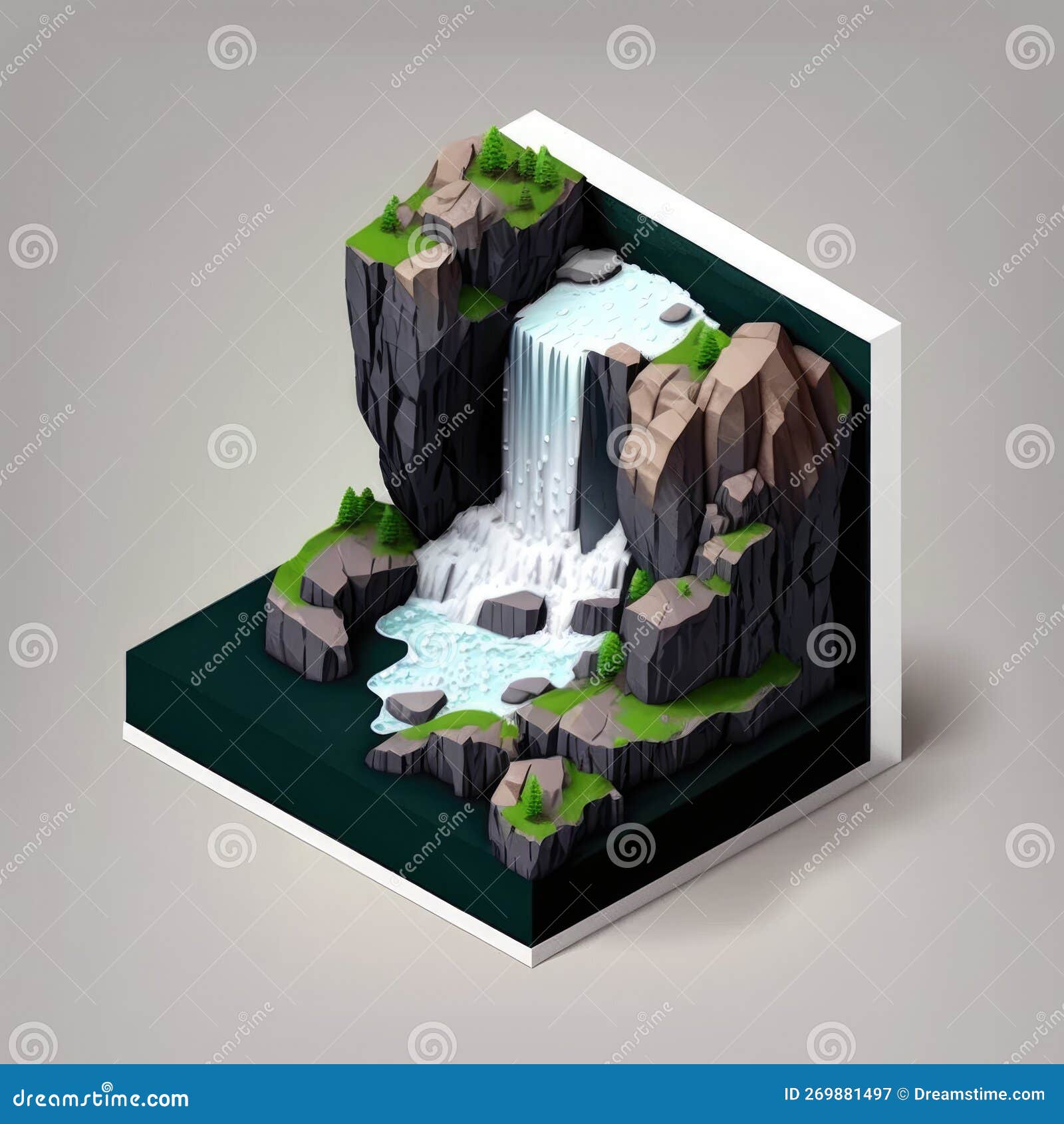 Majestic Waterfall Cascading Down a Rocky Cliff, Isometric Low Poly ...