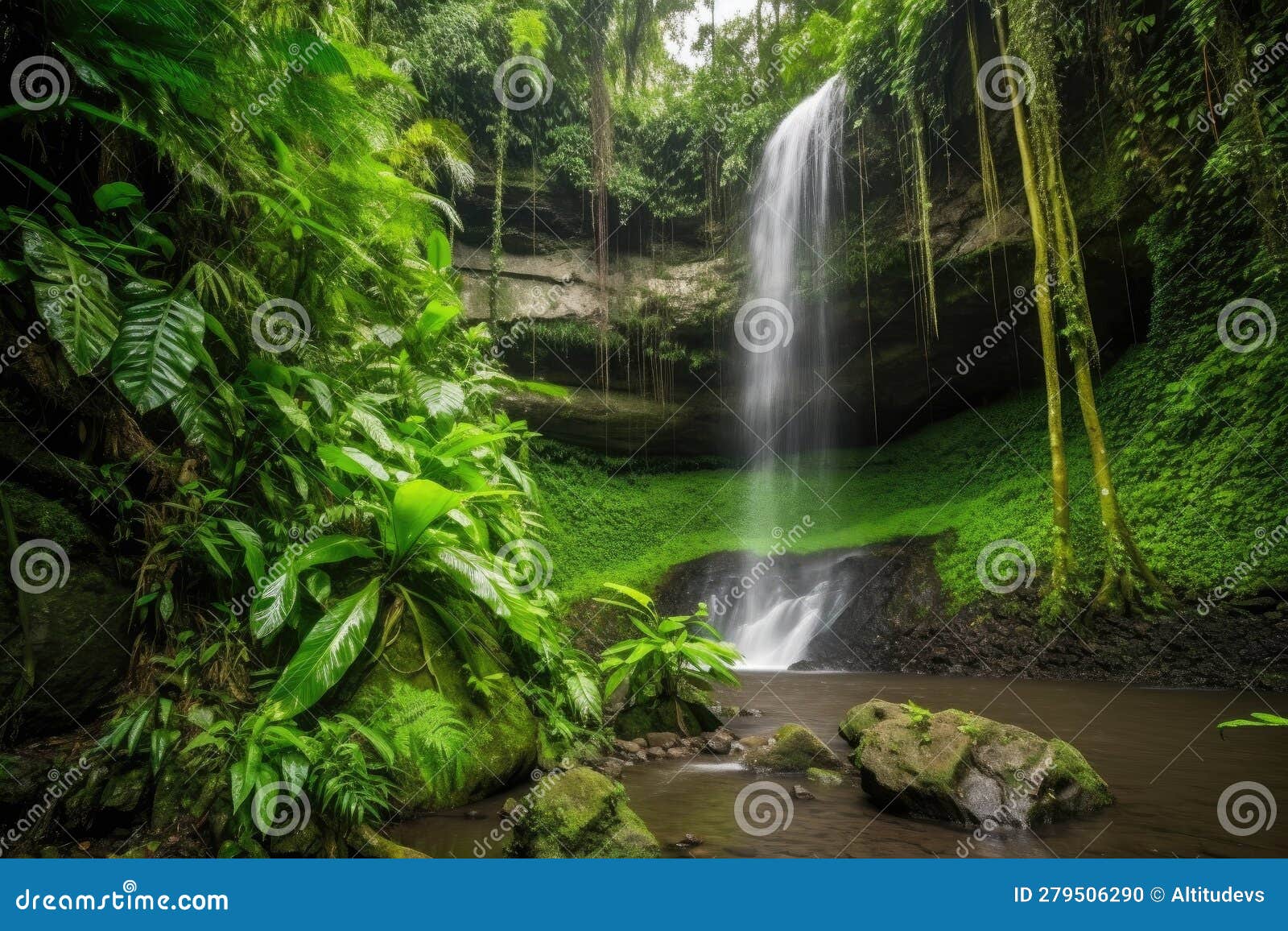 Majestic Waterfall Cascading Over Jungle Cliffs Stock Illustration ...