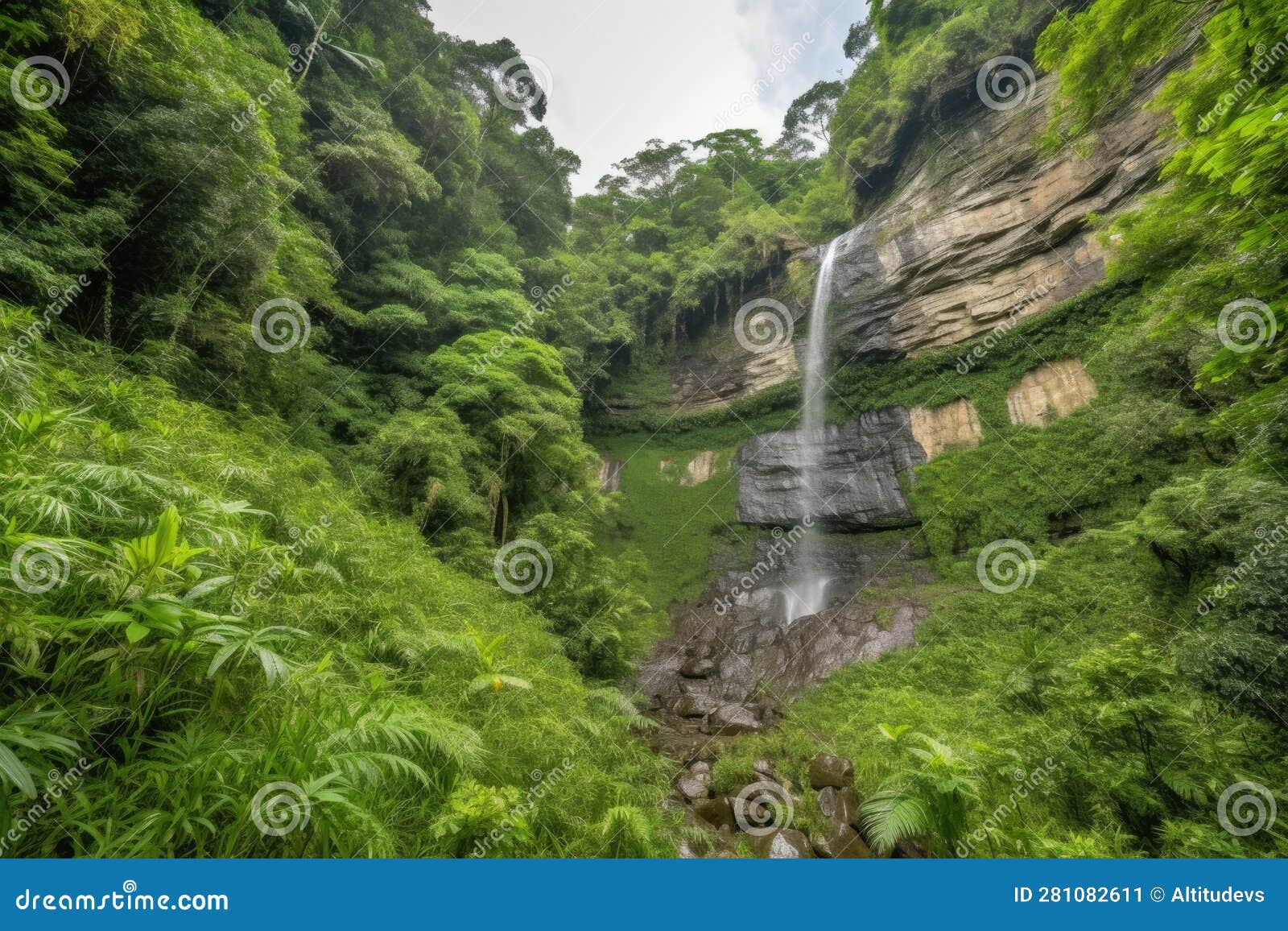 Majestic Waterfall Cascading Over Rugged Cliff Face, Surrounded by Lush ...