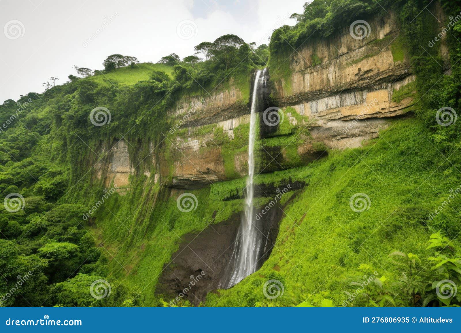 Majestic Waterfall Cascading Over Towering Cliff, Surrounded by Lush ...