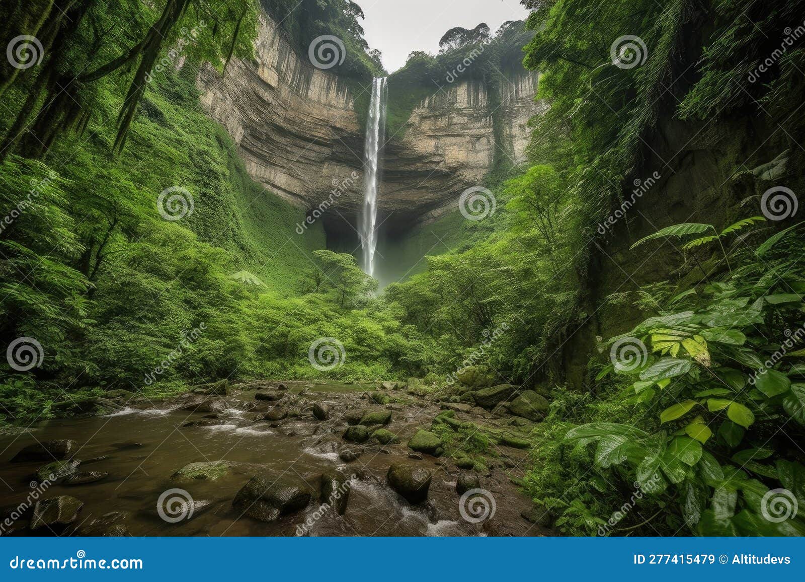 Majestic Waterfall Cascading Over Towering Cliffs into Lush Jungle ...