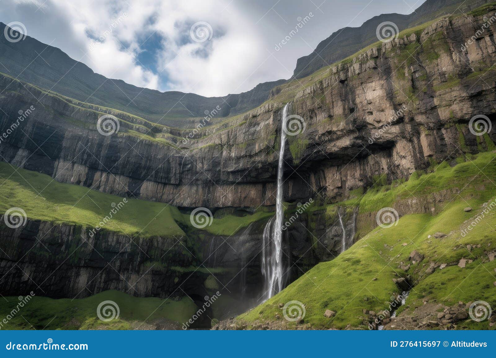 Majestic Waterfall Cascading Over Towering Cliffs Surrounded by Rugged ...