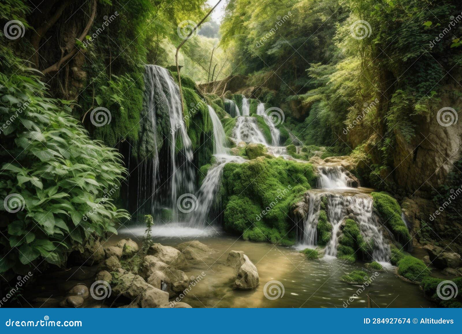 Majestic Waterfall with Cascading Water Flow, Surrounded by Lush ...