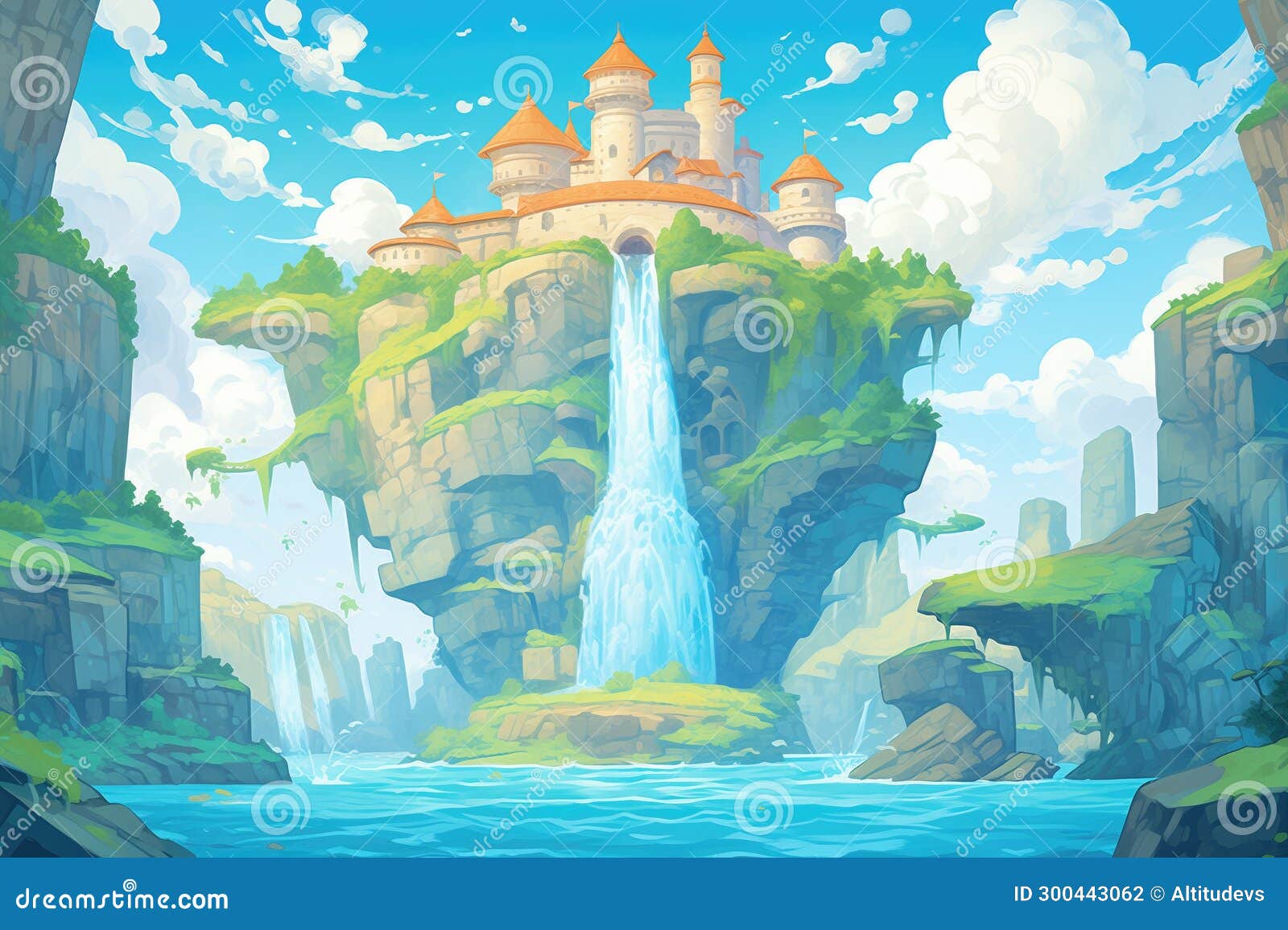 Majestic Waterfall Flowing Behind a Stone Castle Stock Photo - Image of ...