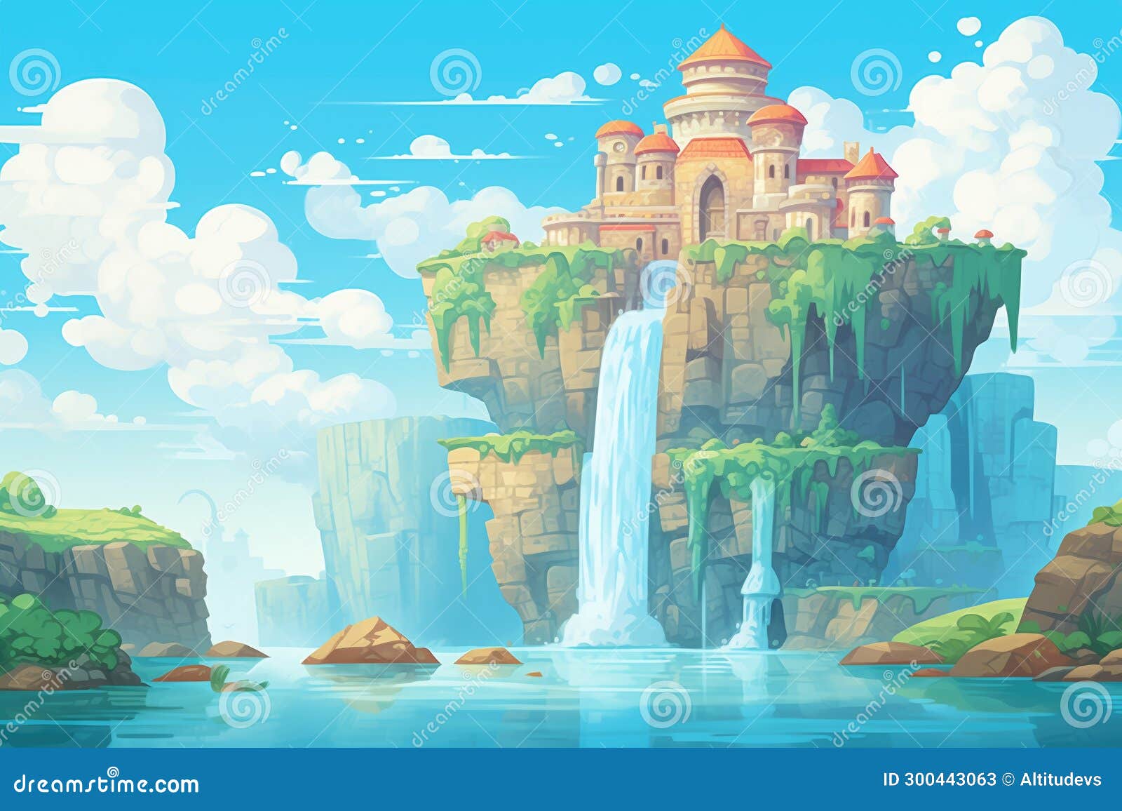 Majestic Waterfall Flowing Behind a Stone Castle Stock Image - Image of ...