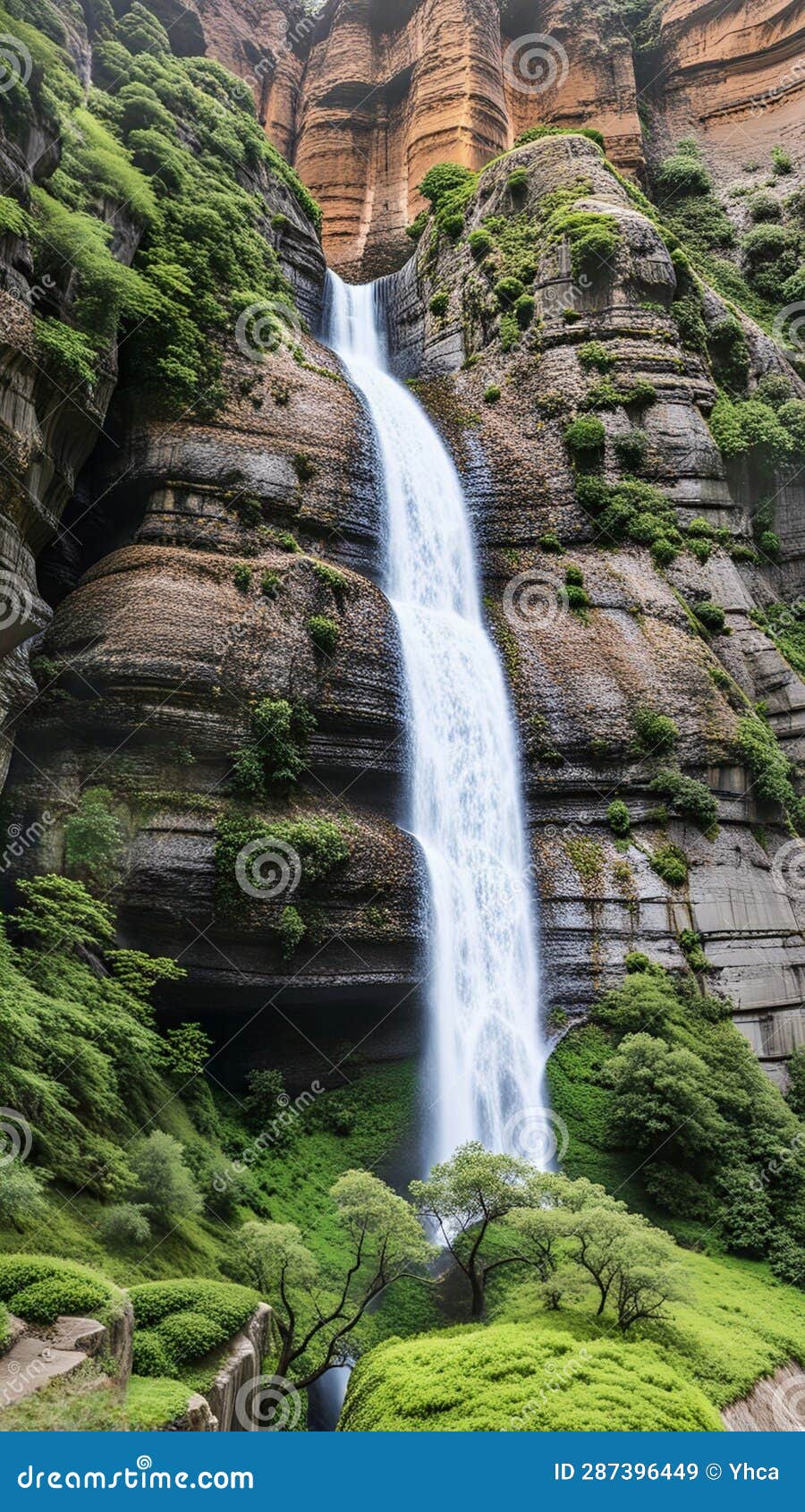 Majestic Waterfall Flowing Down Rocky Canyon Amidst Greenery Stock ...