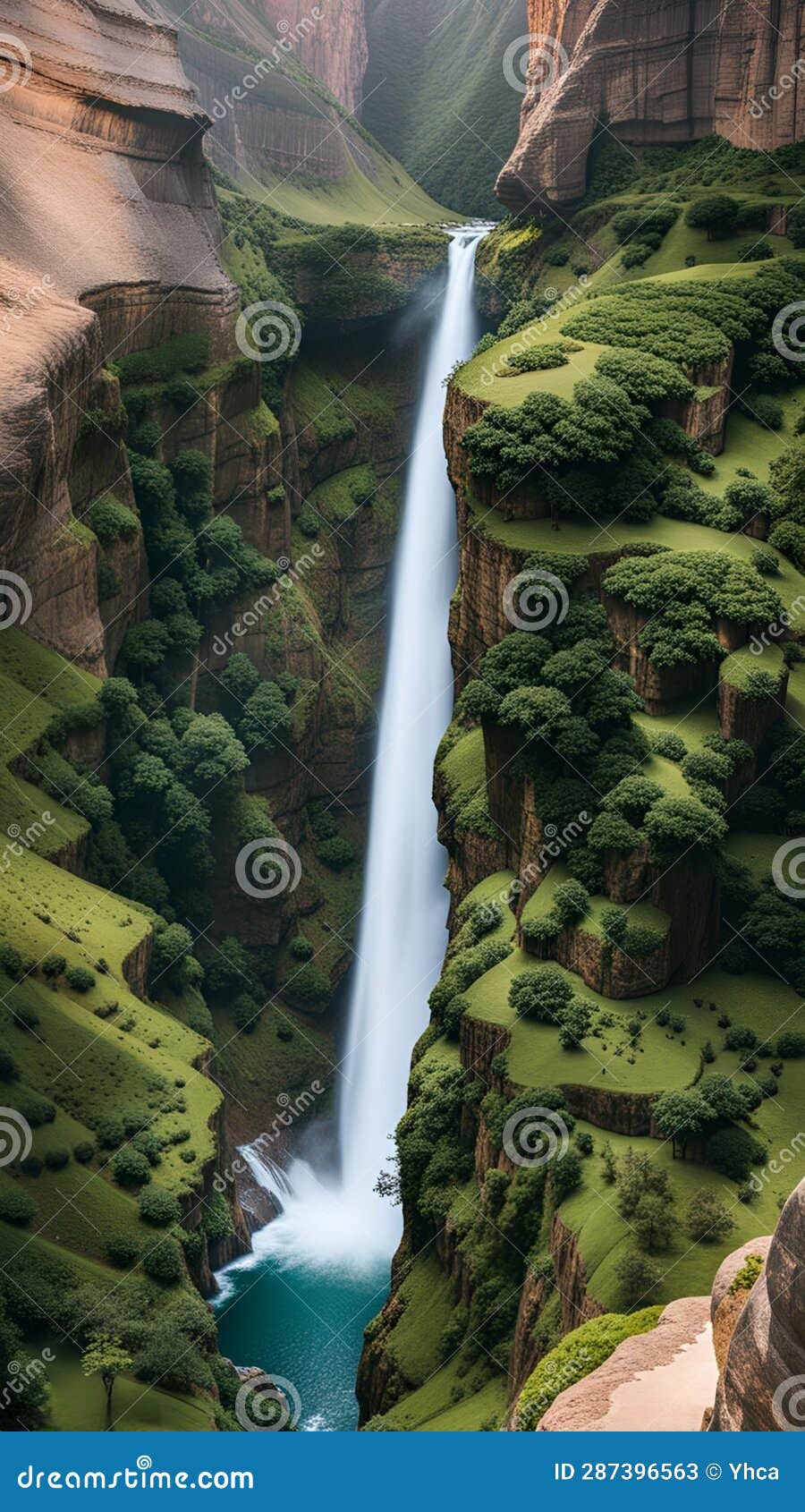 Majestic Waterfall Flowing Down Rocky Canyon Amidst Greenery Stock ...