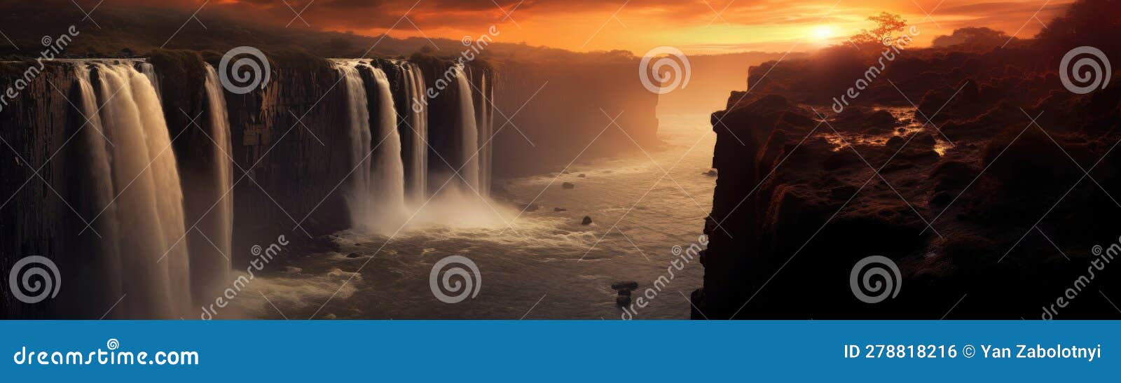 Majestic Waterfall with a Hazy Sunset Backdrop Banner Background ...