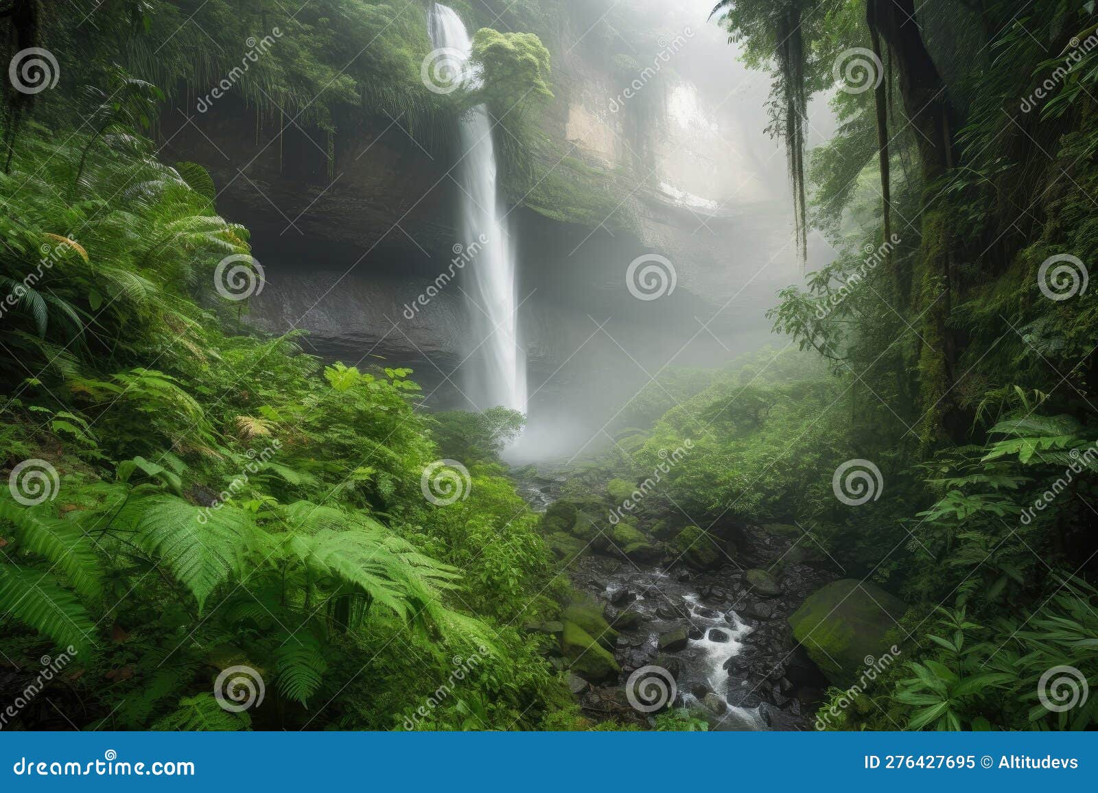 Majestic Waterfall, with Mist Rising from the Falls, Surrounded by Lush ...