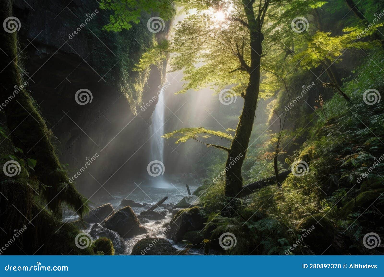 Majestic Waterfall, with Misty Spray and Sunlight Shining through the ...