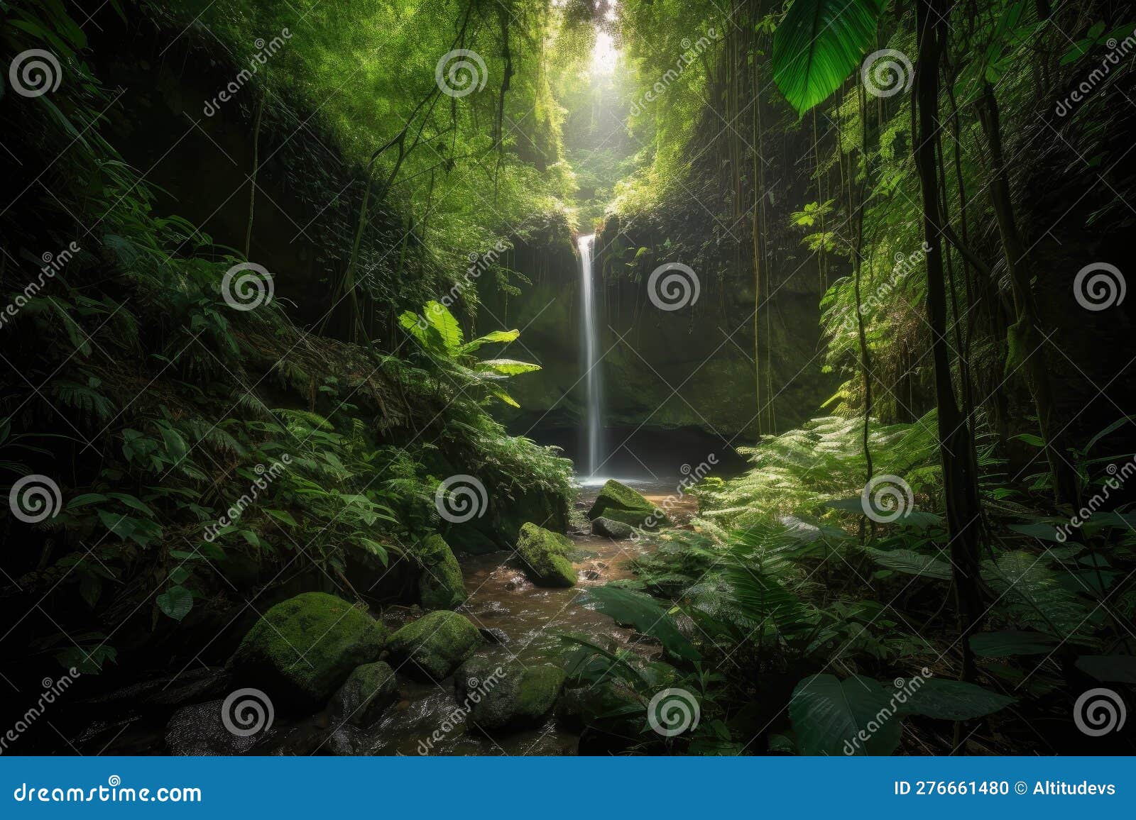Majestic Waterfall Surrounded by Lush Greenery, with Sunrays Filtering ...