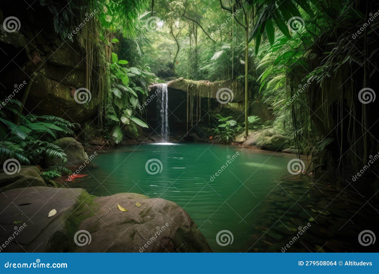 Majestic Waterfall Tumbling into Pristine Jungle Pool Stock Photo ...