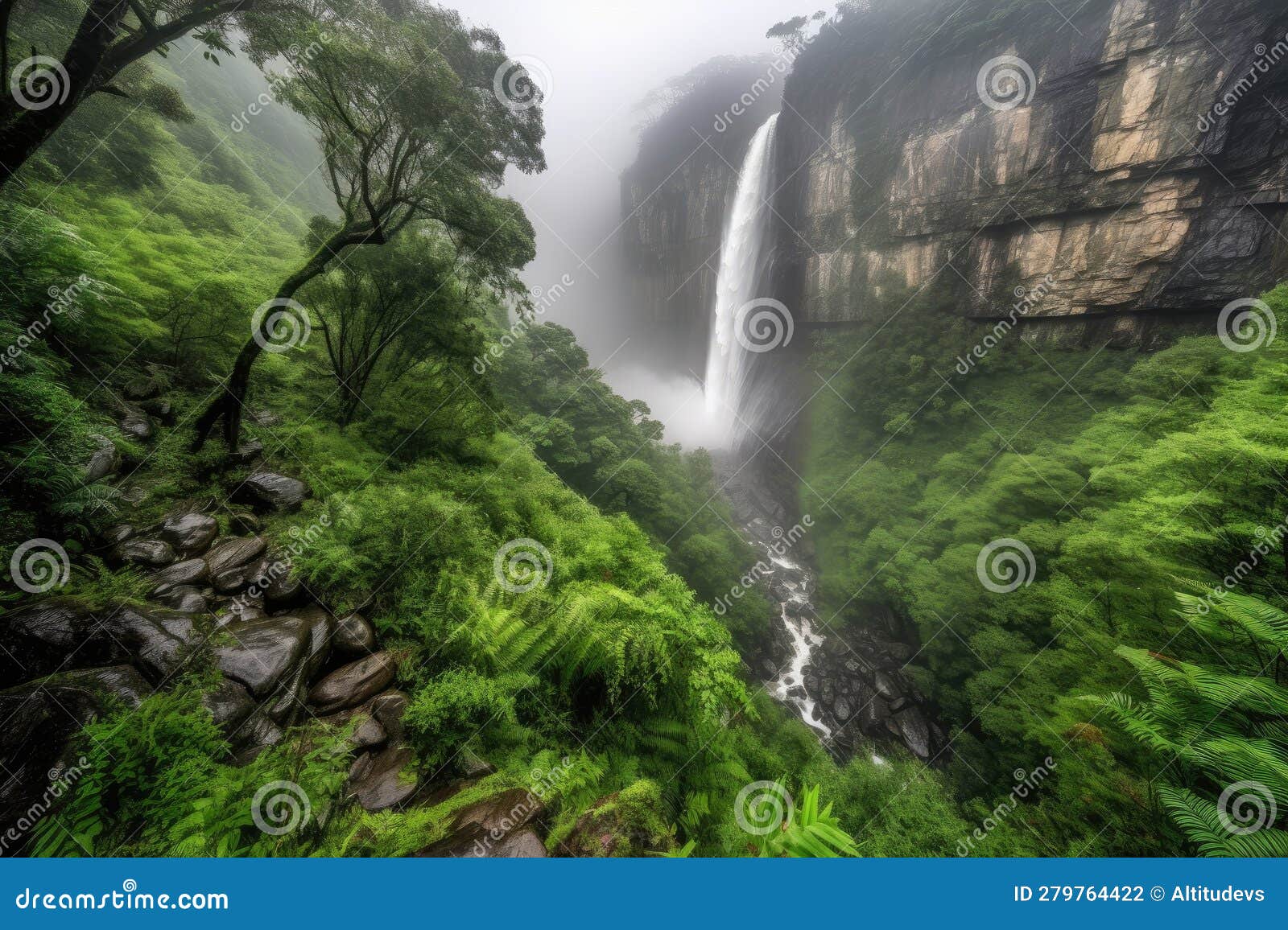 Majestic Waterfall, with View of the Forest, Surrounded by Mist Stock ...