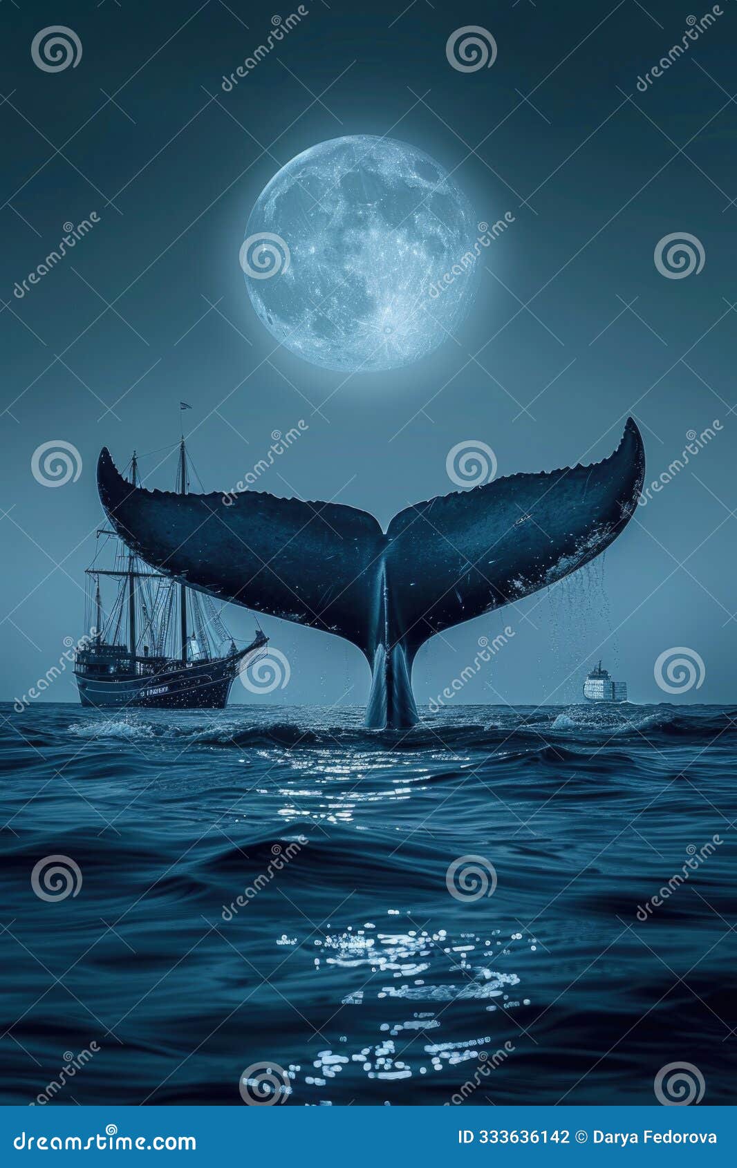 Majestic Whale Tail Under Full Moon with Sailing Ships on the Open ...