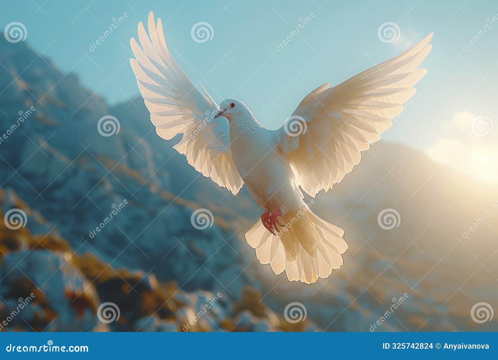 Majestic White Dove in Flight Against a Sunset Mountain Backdrop Stock ...