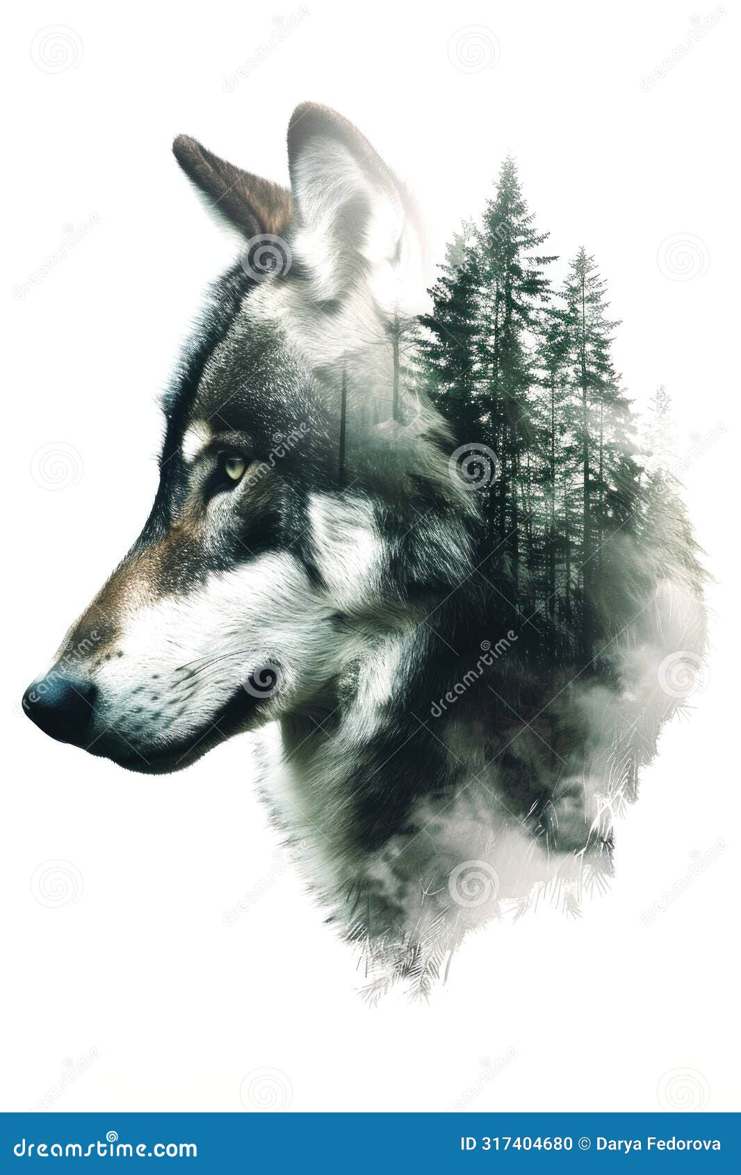 Majestic Wolf Double Exposure with Forest Landscape Stock Illustration ...