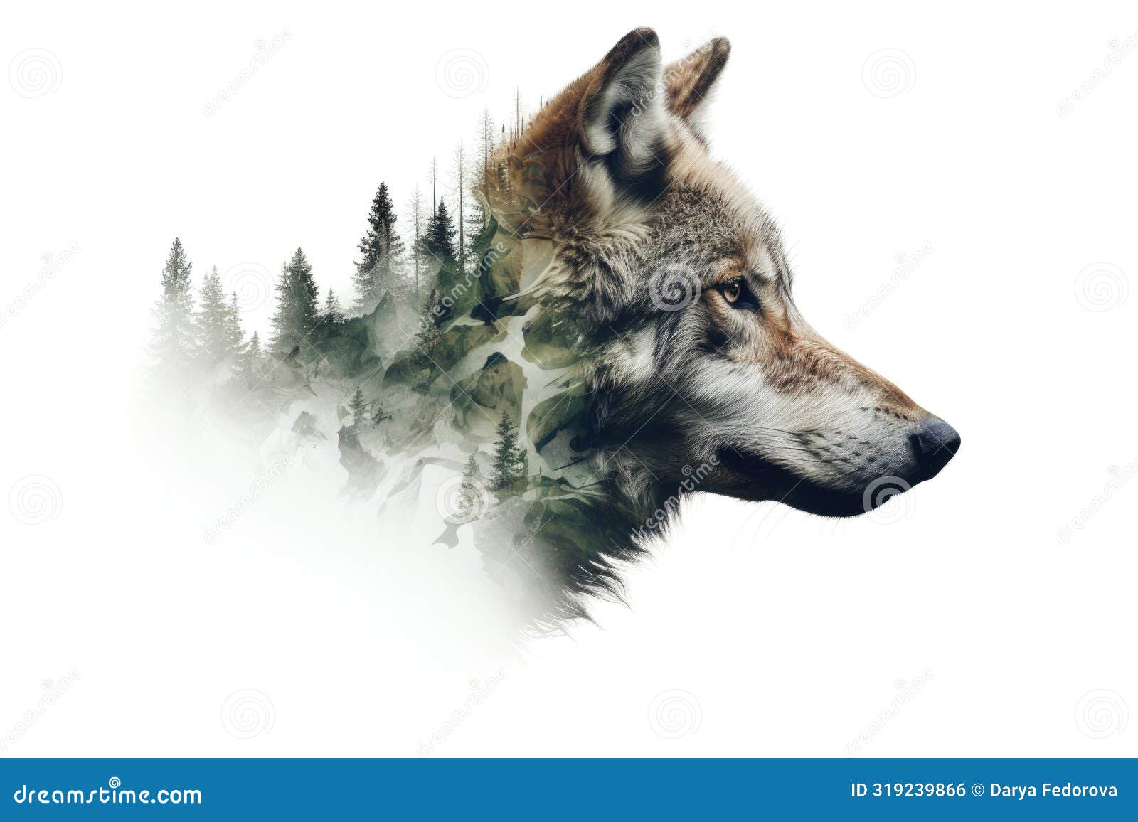 Majestic Wolf Double Exposure with Forest Landscape Stock Illustration ...