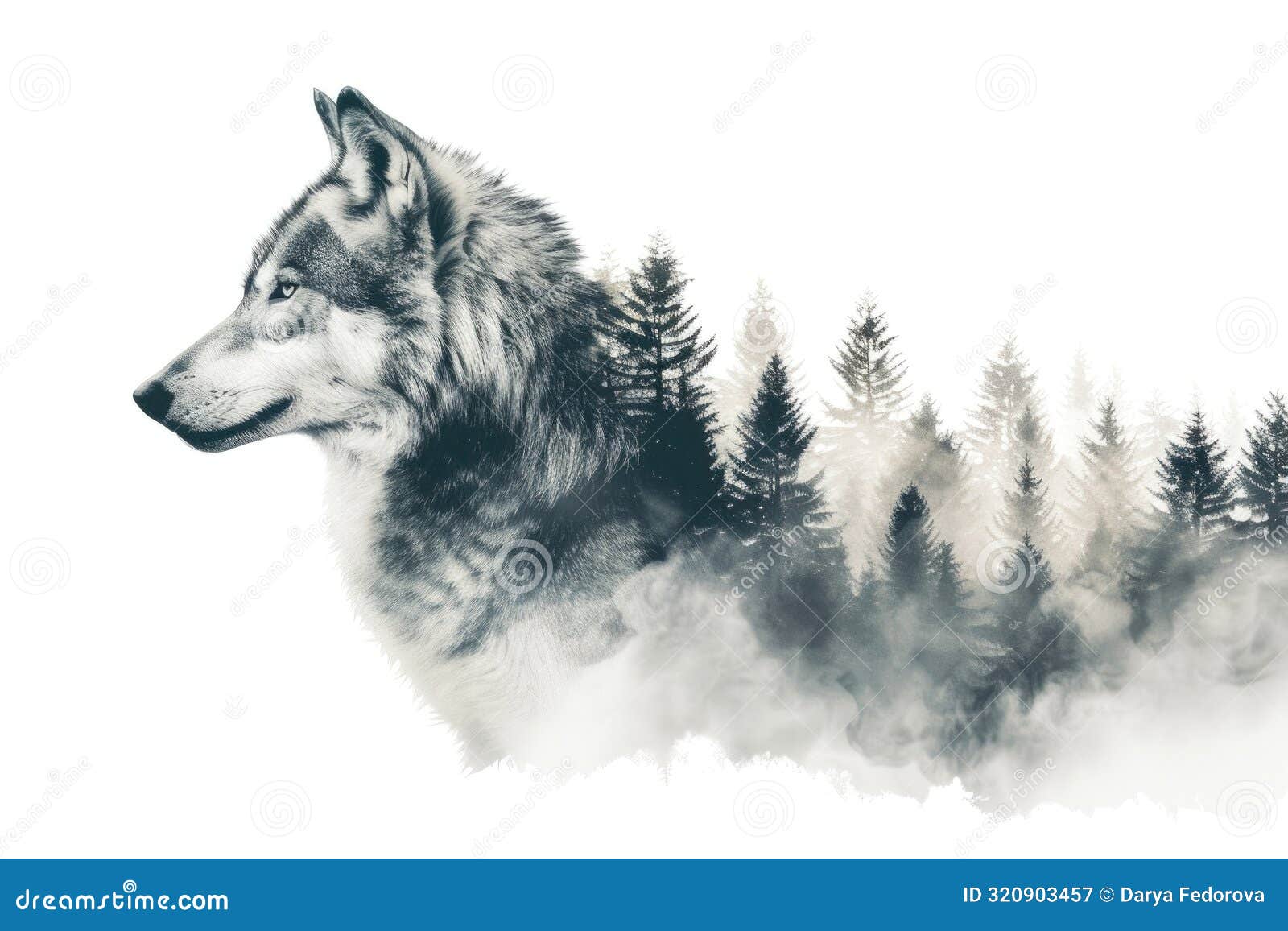 Majestic Wolf Double Exposure with Forest Landscape Stock Illustration ...