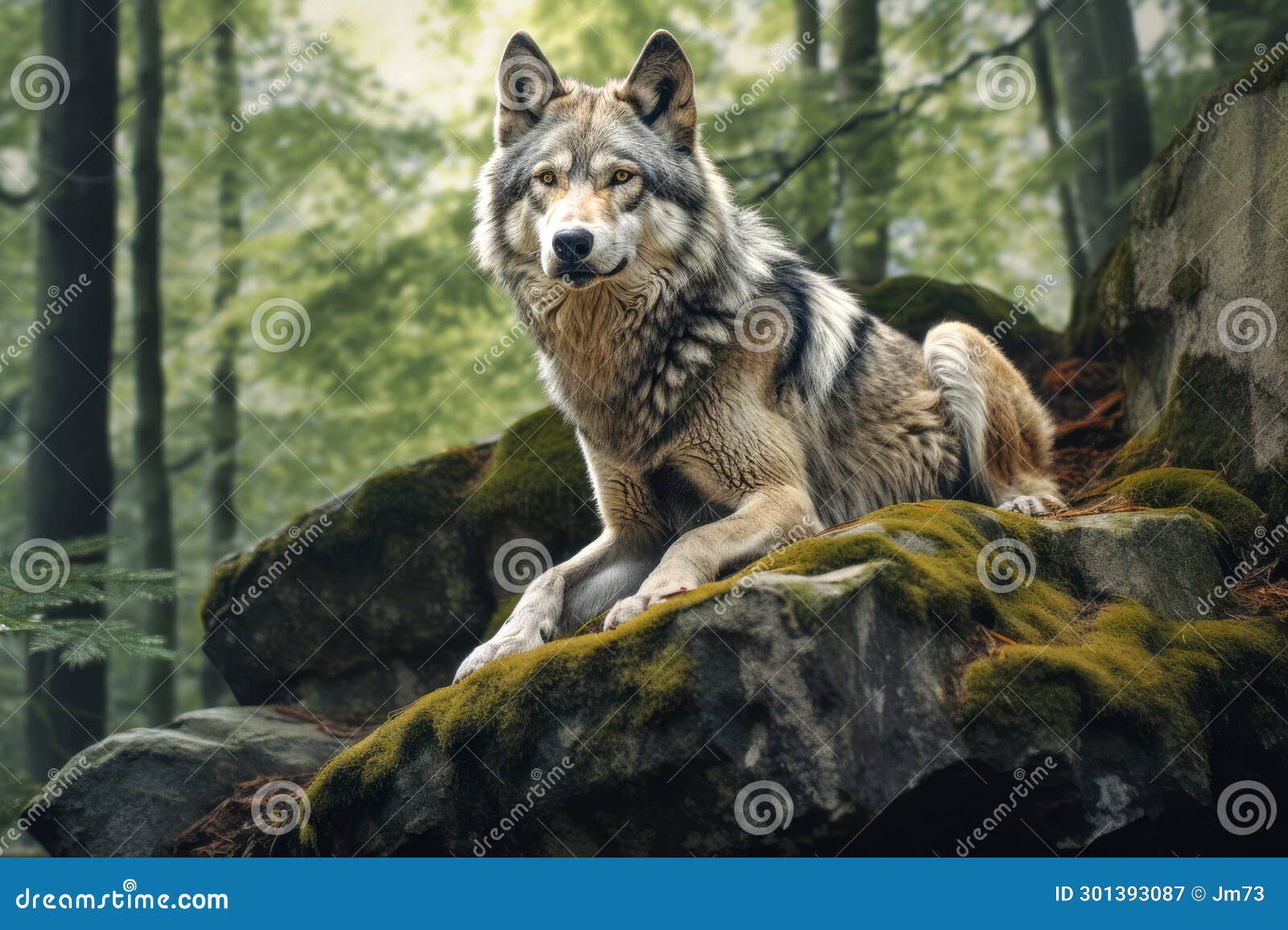 Majestic Wolf Lies on Rock Surrounded by Forest Silence Stock ...