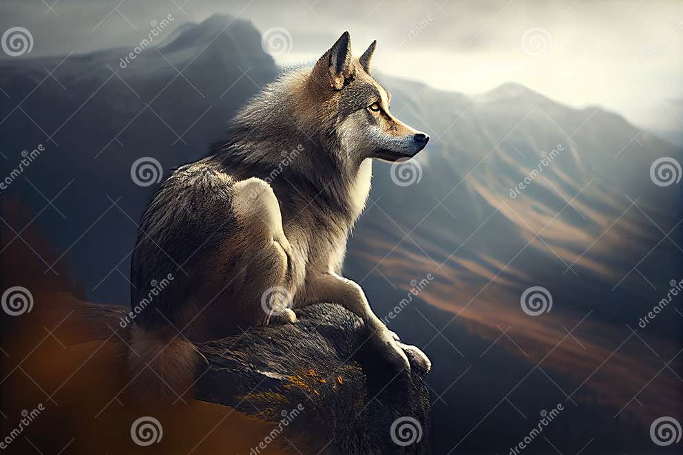 Majestic Wolf Looking Down on the World from His Lofty Perch Stock ...